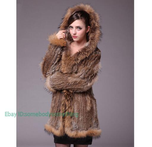 100% Real Genuine Knitted Rabbit Fur Fox Hood Warm Women Outwear Coat ...