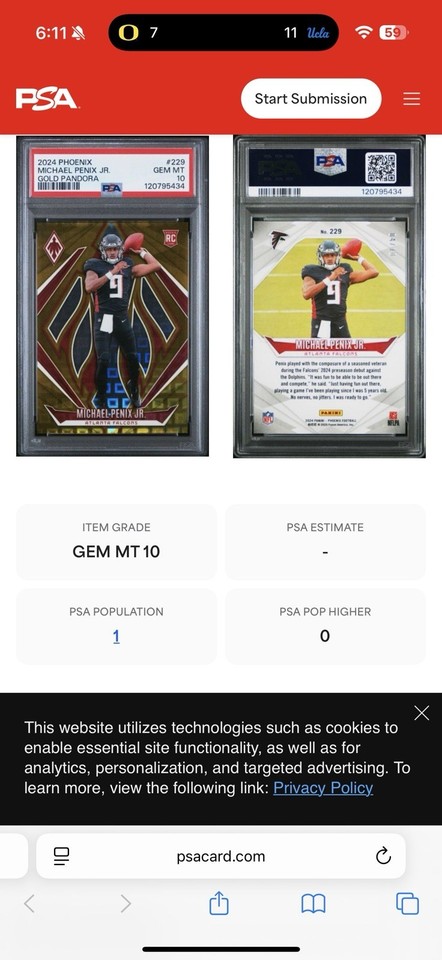 2024 Phoenix Michael Penix Jr. Gold Pandora /10 PSA 10 POP 1 Atlanta ...