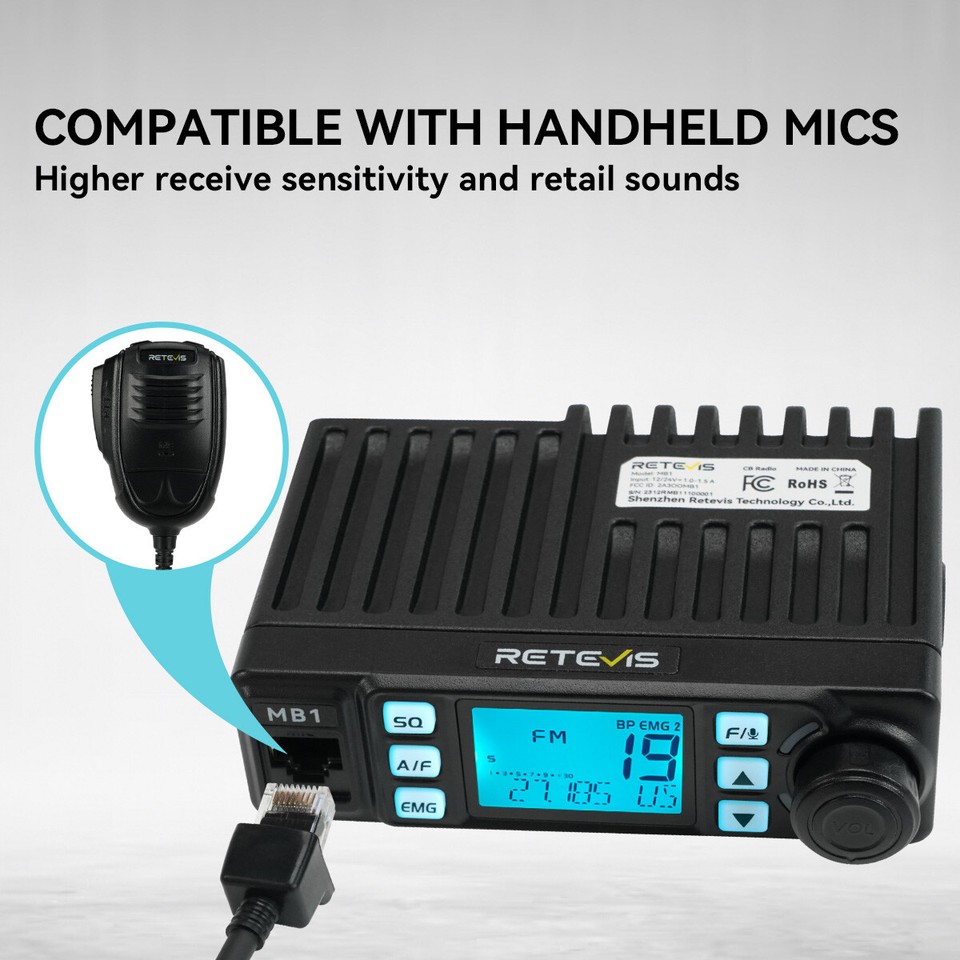 Retevis MB1 CB Radio Dual Mode AM/FM 40 Channel 9/19 CHannel + MR500 CB ...