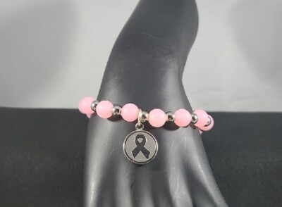 Rustic Cuff Breast Cancer Stretch Bracelet Pink Rubber Beads Silver ...