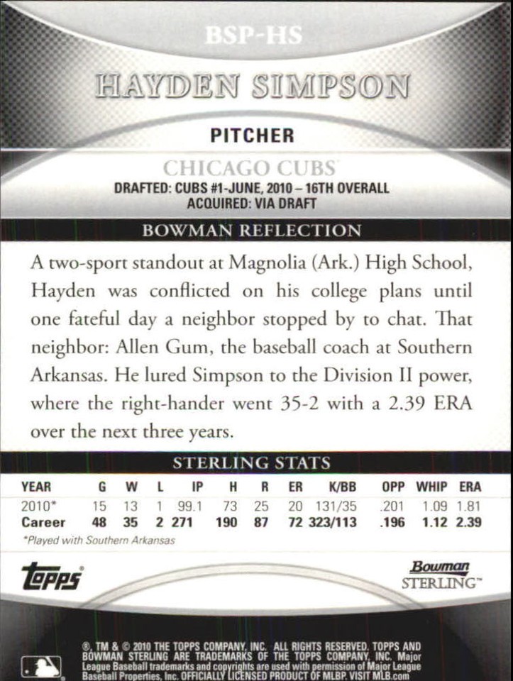 2010 Bowman Sterling Prospect Autographs #HS Hayden Simpson - NM-MT | eBay