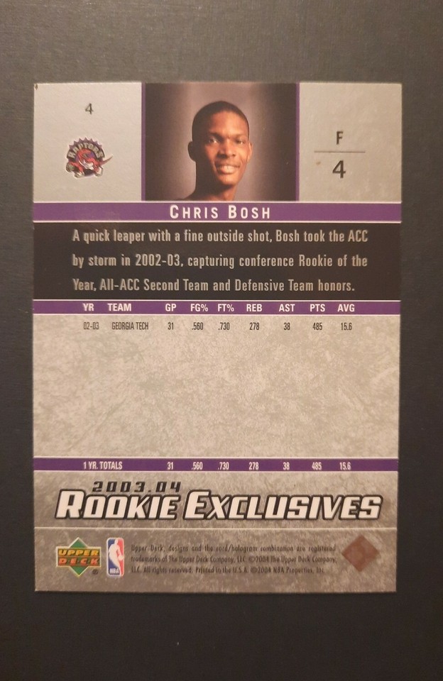 2003-04 Upper Deck Rookie Exclusives CHRIS BOSH RC Card #4 Toronto ...