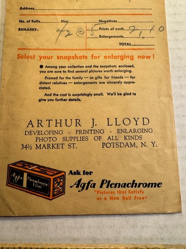 Vintage Arthur J Lloyd Potsdam NY Empty Film Processing Envelope | eBay