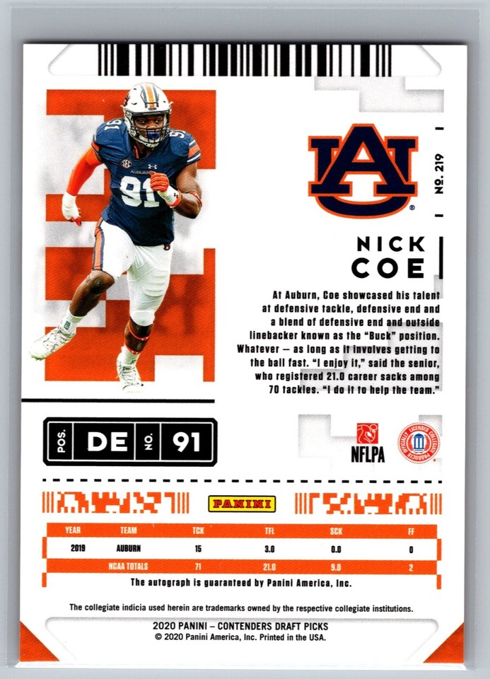 Nick Coe 2020 Panini Contenders Draft Picks #219 Football Card AUTO RC ...