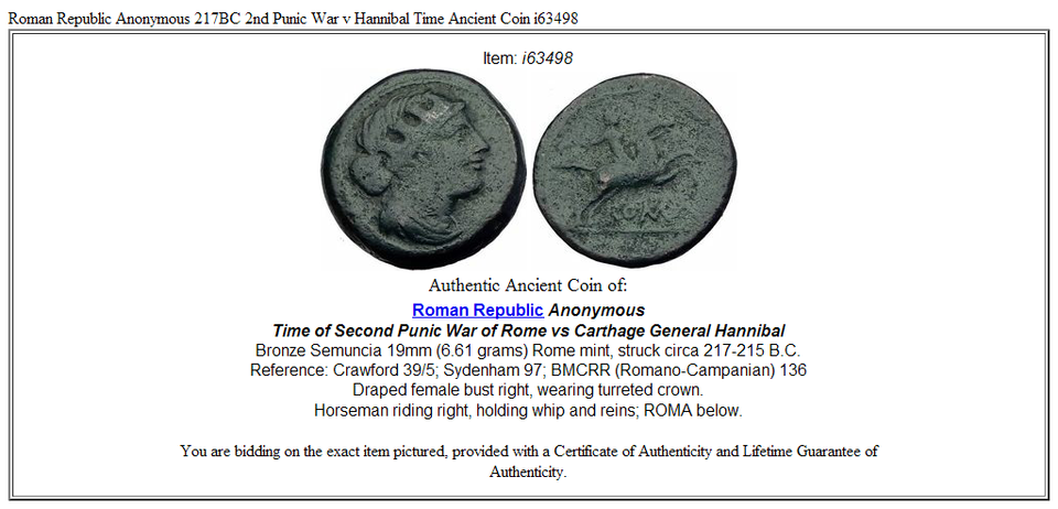 Roman Republic Anonymous 217BC 2nd Punic War v Hannibal Time Ancient ...
