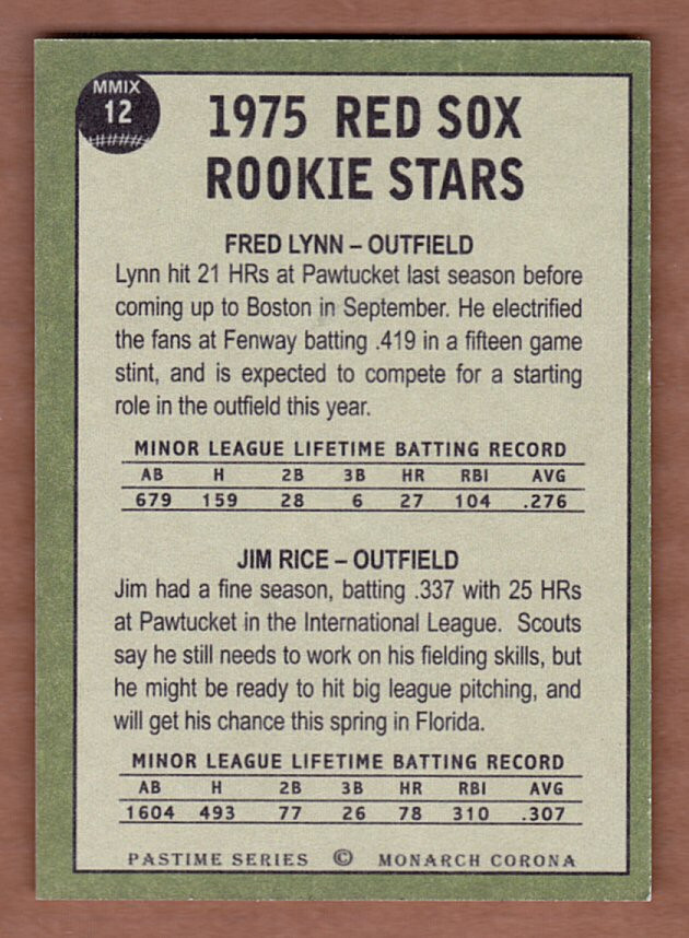 Fred Lynn & Jim Rice '75 Boston Red Sox rookie stars Pastime #12 / NM+ ...