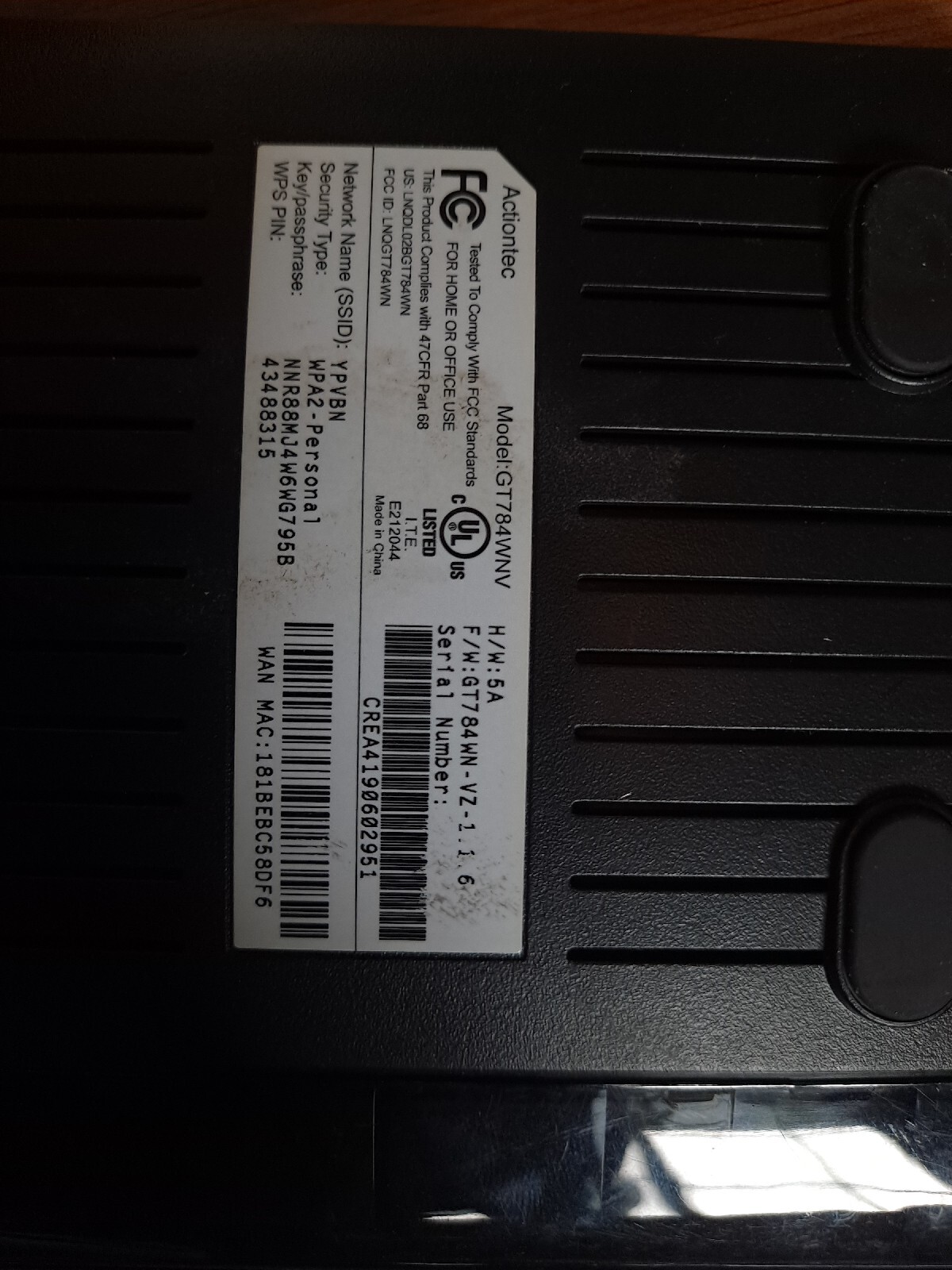 Actiontec Model GT784WNV Wireless-N DSL Modem Router For Verizon DSL ...