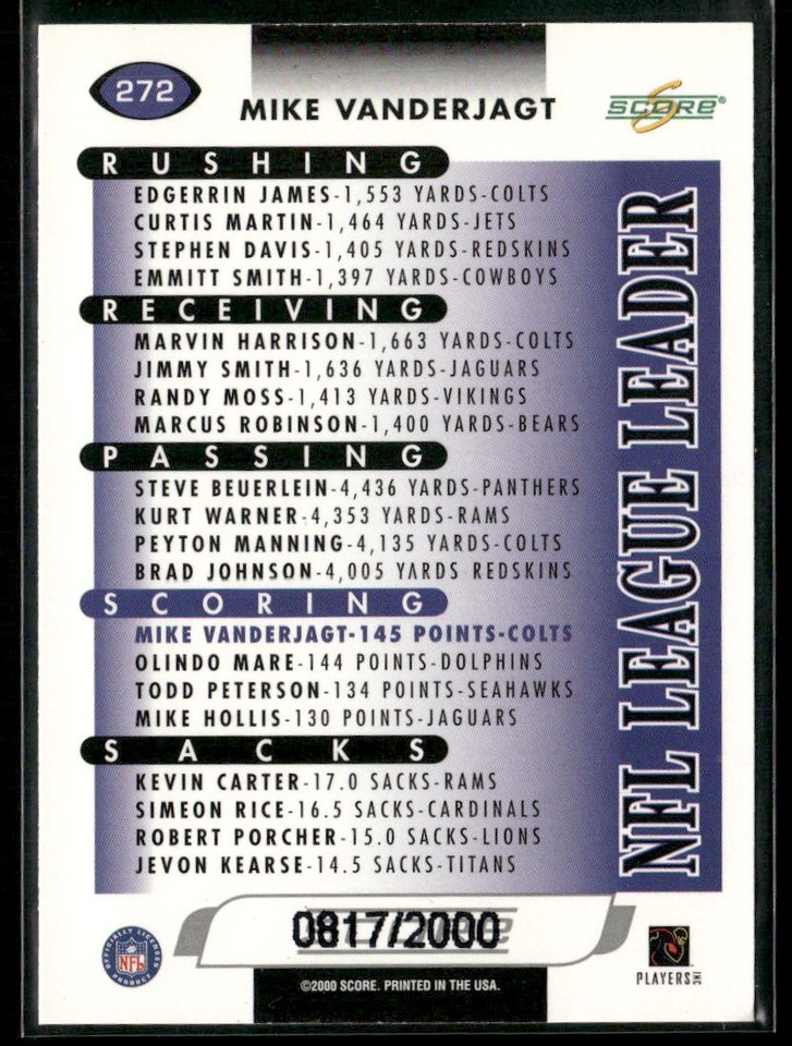 2000 Score Scorecard Mike Vanderjagt /2000 #272 Indianapolis Colts | eBay