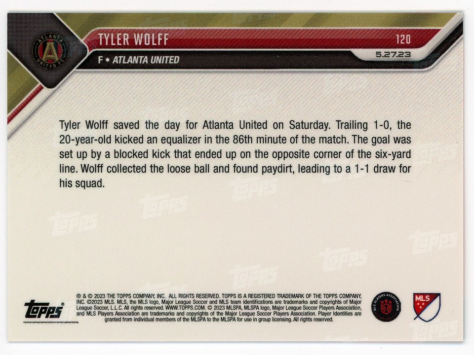 2023 Topps Now MLS Tyler Wolff Call-Up XRC Atlanta United Card #120 PR ...