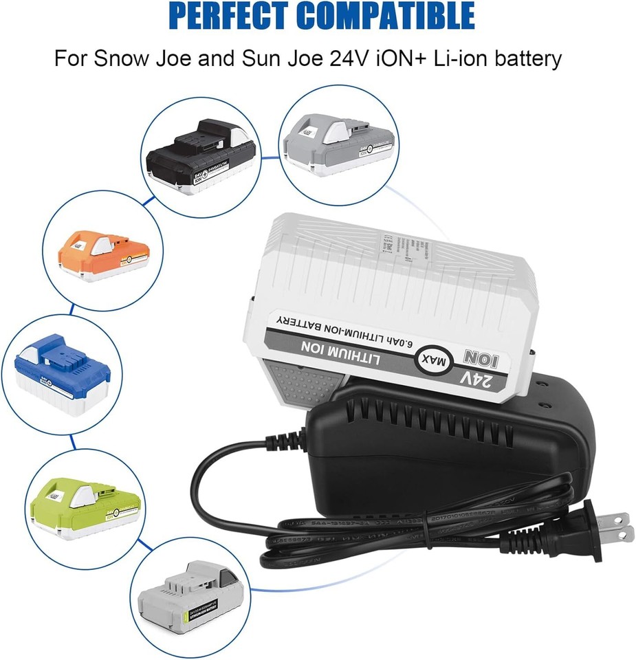 6.0Ah Battery for Snow & Joe Sun Joe 24V Batteries and Fast Charger ...