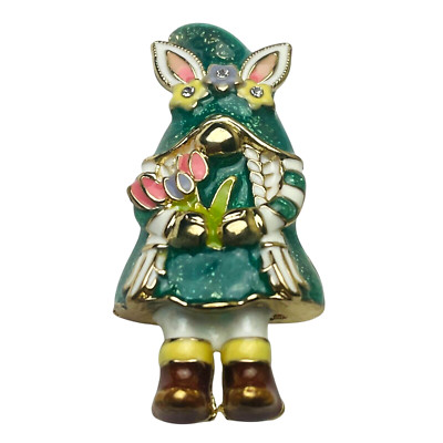 Napier Bunny Girl Gnome Easter Spring Pin Goldtone Rabbit Ears Flowers ...