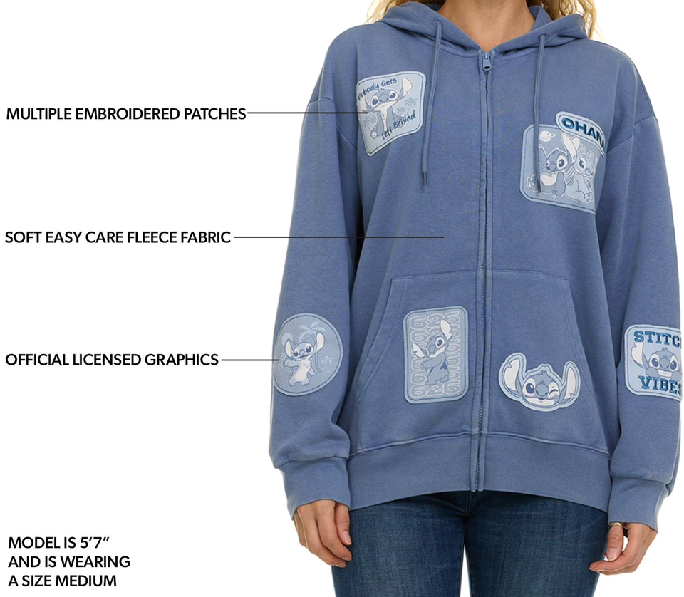 Disney Womens Character Full-Zip Hoodie Lilo & Stitch Patch Sweatshirt ...
