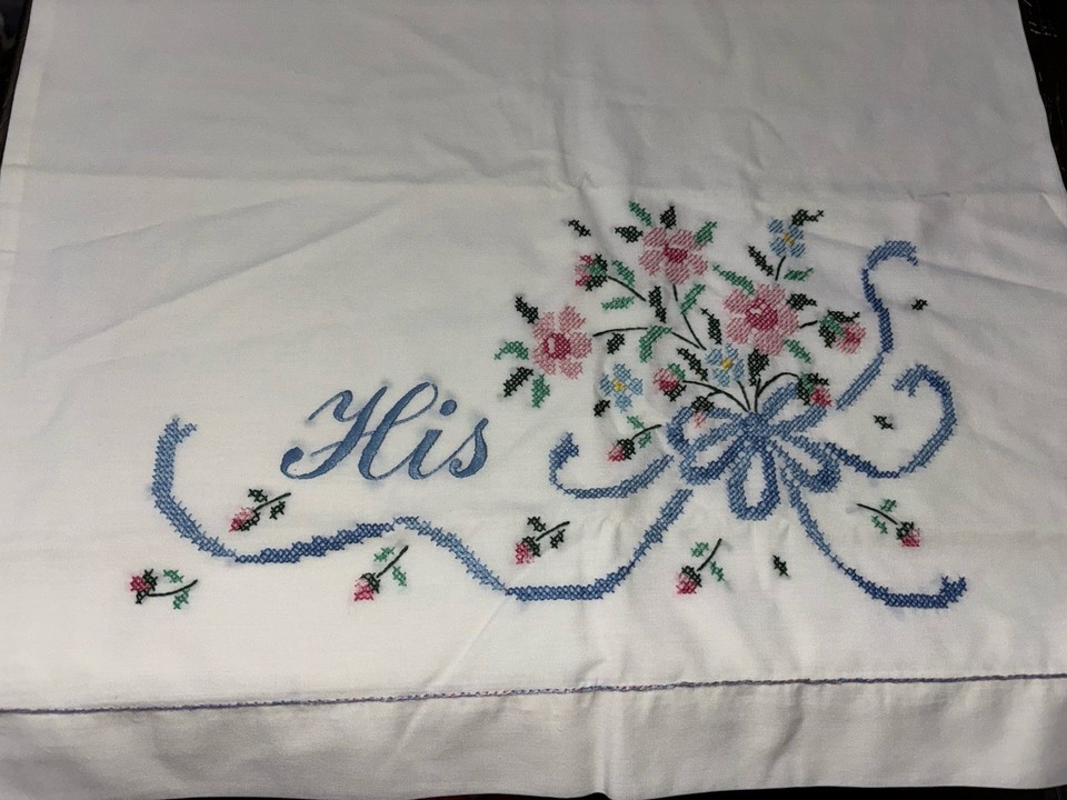 Pillow Cases Vintage His & Hers / Mr. & Mrs. Hand Cross Stitched Pair ...