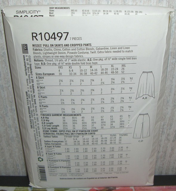 Simplicity R10497 9110 Pattern Misses Pull on Skirts Cropped Pants Xxs ...