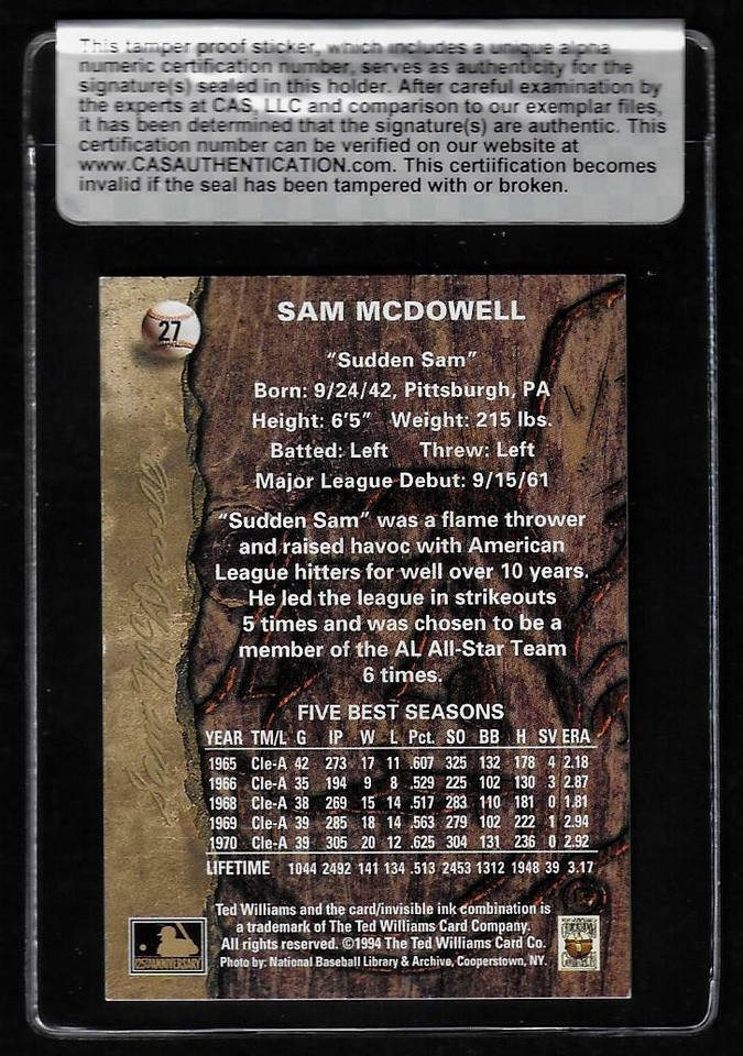 SAM McDOWELL Signed 1994 Ted Williams Card Company #27 AUTO CAS ...