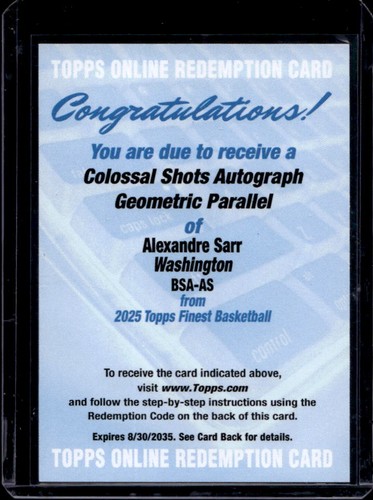 2024-25 Finest Alexandre Sarr Colossal Shots Auto Geometric Refractor ...