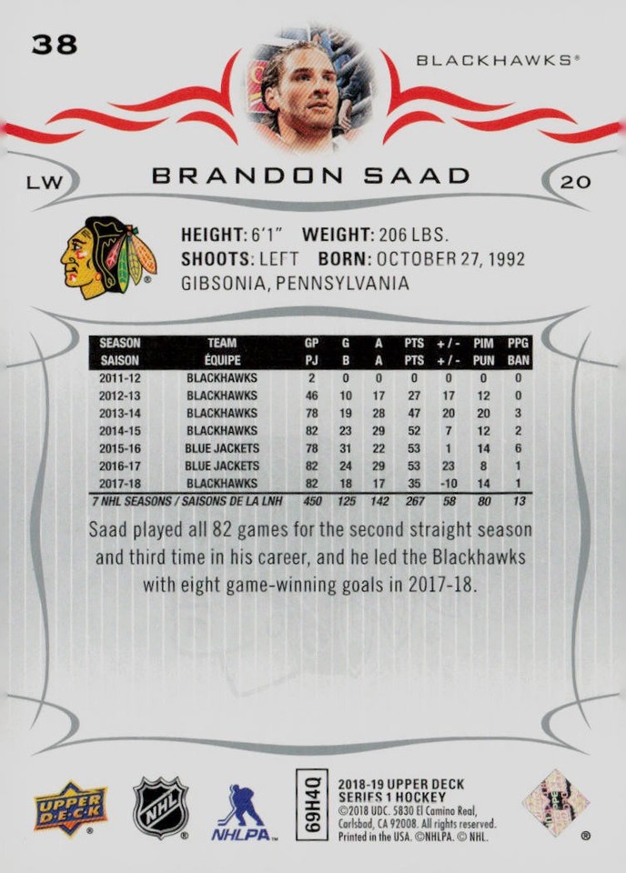 2018-19 Upper Deck #38 Brandon Saad | eBay