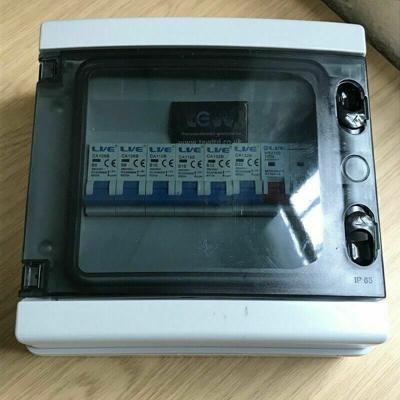 8 Way Weatherproof Garage Shed Consumer Unit Fuse Box 100A Mains Switch ...