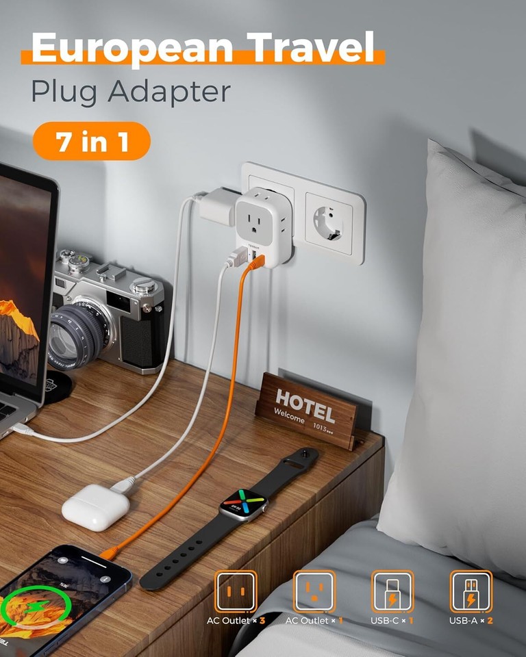 European Travel Plug Adapter with 4 AC Outlets 3 USB Ports Type C for ...