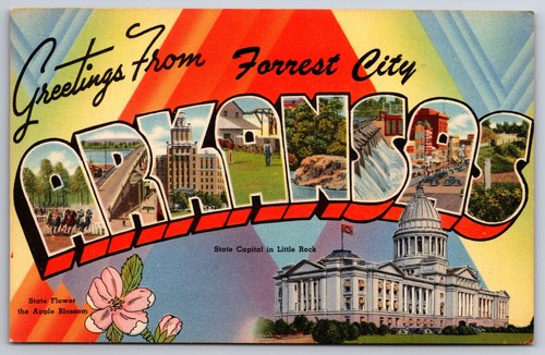 Forrest City Arkansas~Little Rock Capitol~Art Deco~Large Letter Linen ...