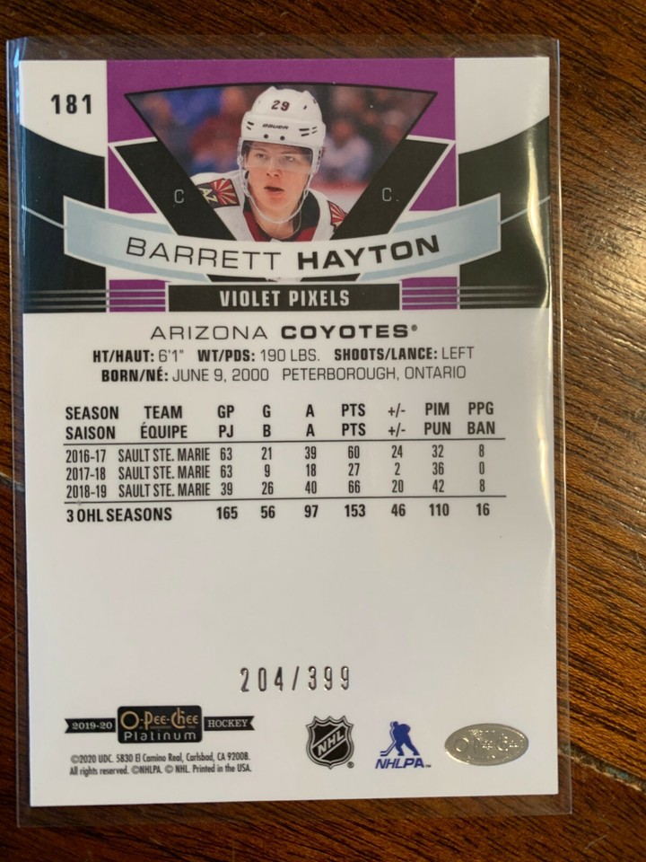 2019-20 OPC Platinum #181 Barrett Hayton Violet Pixels Parallel #204/ ...