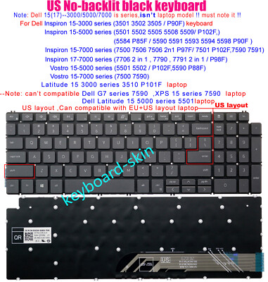 US no-backlit Keyboard for Dell Inspiron 15-3505 P90F 15-5501 5508 15 ...