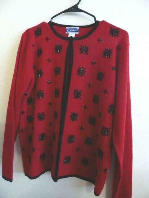 Pendleton Deep Red Wool Blend Black Trim Beaded Cardigan Sweater S | eBay