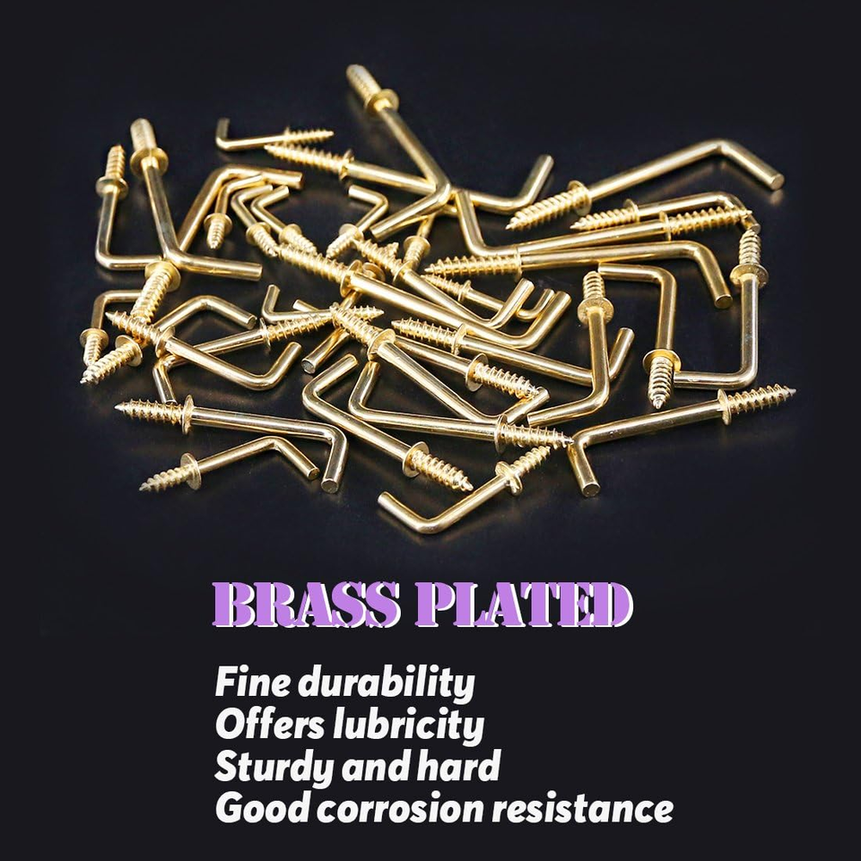 120Pcs 6 Sizes Gold Brass Plated Metal Screw-In Square Bend Hooks Kit ...
