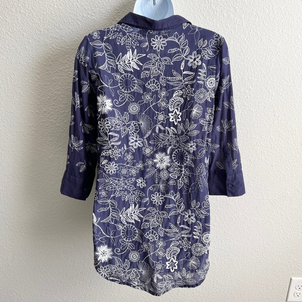 Gretchen Scott Floral Embroidered Tunic Top Women's XS Navy Blue Cotton ...