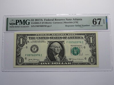 $1 2017 Repeater Serial Number Federal Reserve Currency Bank Note Bill ...