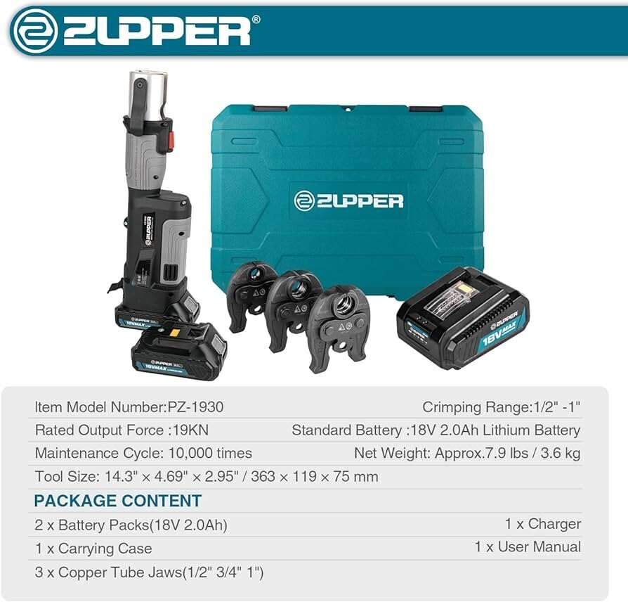 ZUPPER 18v for copper press tool kit PZ-1930. 1/2'', 3/4'', 1'' for ...