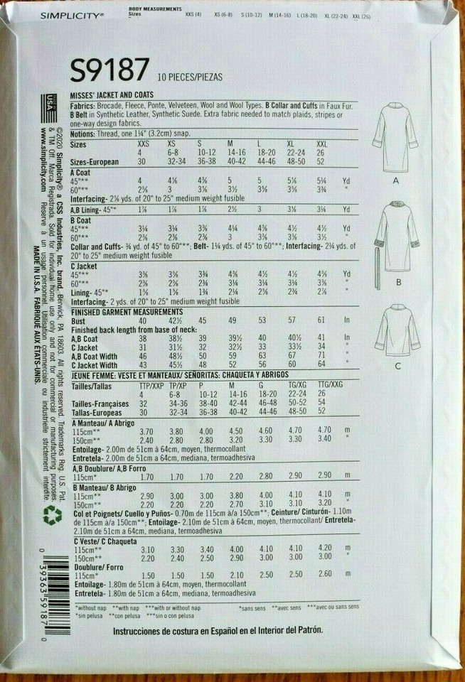 SIMPLICITY PATTERN 9187 COAT JACKET MISSES SIZES XXS XS SM MED LRG XL ...