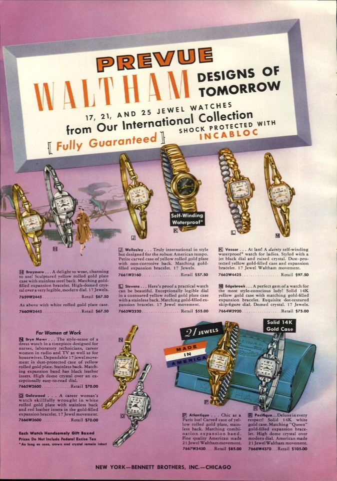 1957 PAPER AD COLOR Waltham Jewel Watch Self Winding Waterproof Sea ...