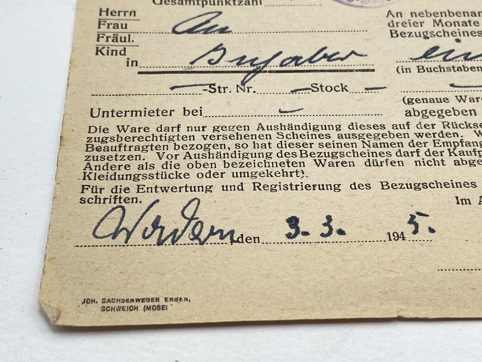 WW2 German Textile Goods Special Provisions Rations-Wirtschaftsamt ...