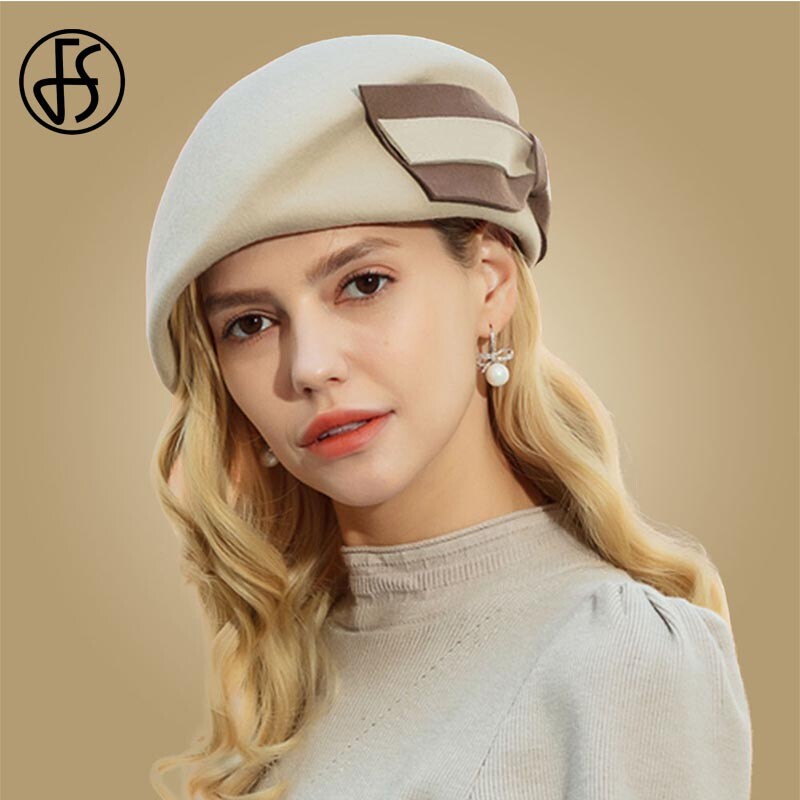 Wool Felt Beret Hats Women Fedora Bow Church Hat Wedding Winter Berret ...