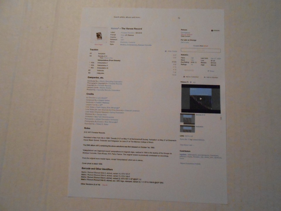 "TheVareseRecord:Ionisation/Octandre/Integrales/Density21.5/Deserts"EMS401LP1950 | eBay
