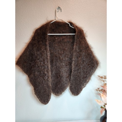 Vintage Hand-Knit Mohair Wool Brown Triangle Shawl Wrap Soft Fuzzy ...