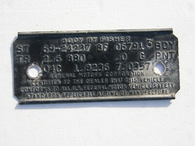 1969 Pontiac GTO Body by Fisher Cowl Tag Plate Original Cameo White ...