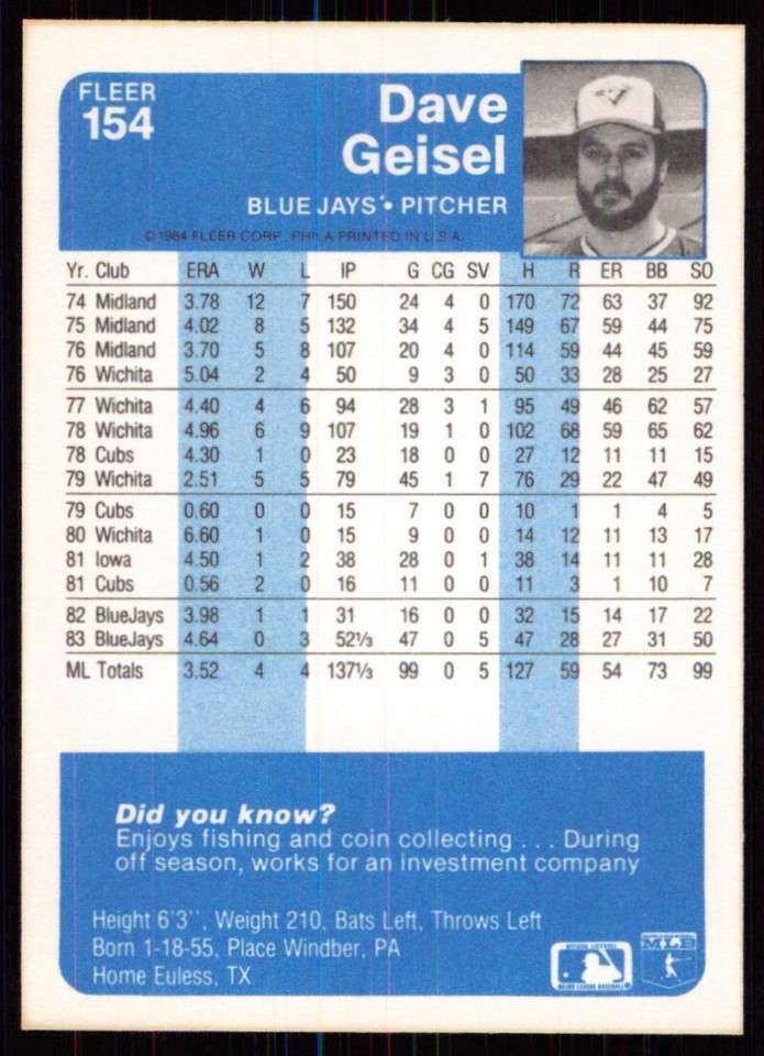 1984 Fleer Dave Geisel Toronto Blue Jays #154 | eBay