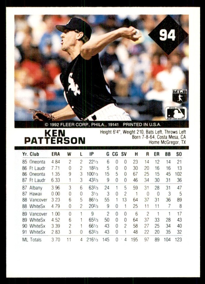 1992 Fleer Ken Patterson Baseball Cards #94 | eBay