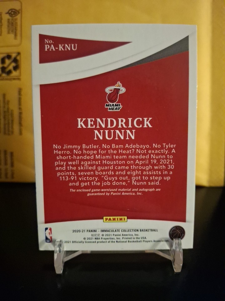 2020-21 Panini Immaculate Patch Auto 20/25 Kendrick Nunn #PA-KNU Patch ...
