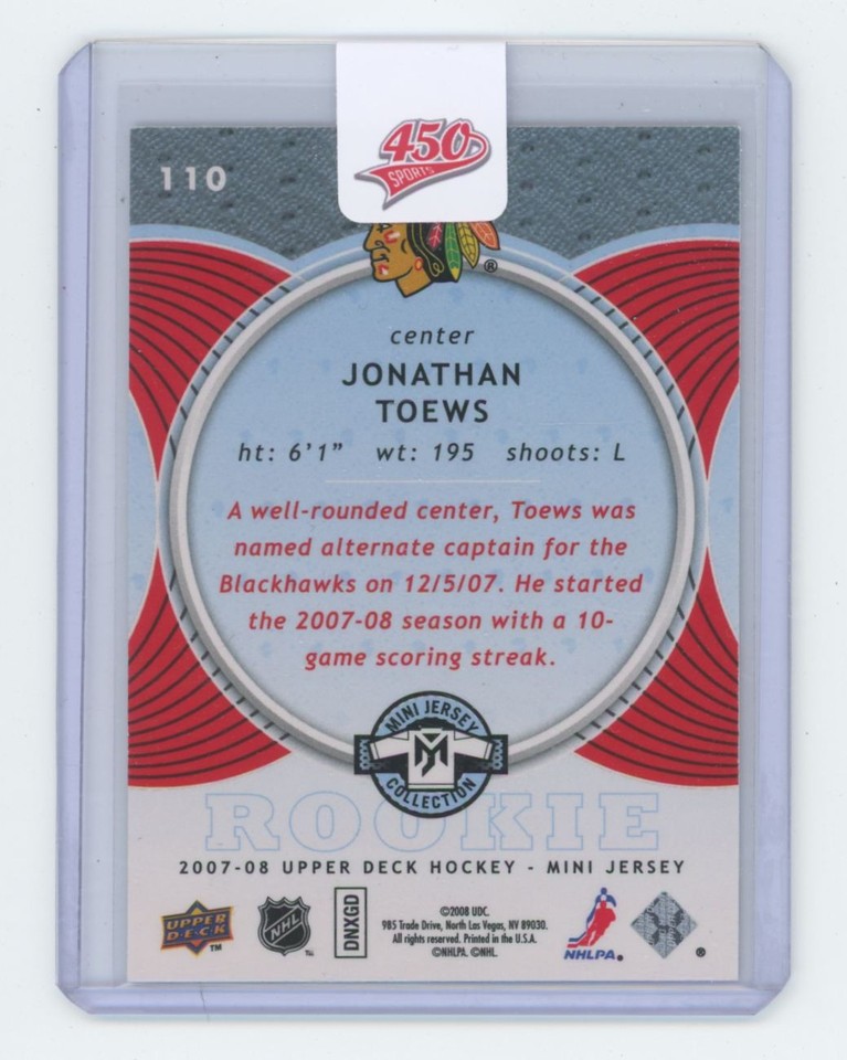 2008-09 Upper Deck Hockey Mini Jersey Rookie Jonathan Toews | eBay