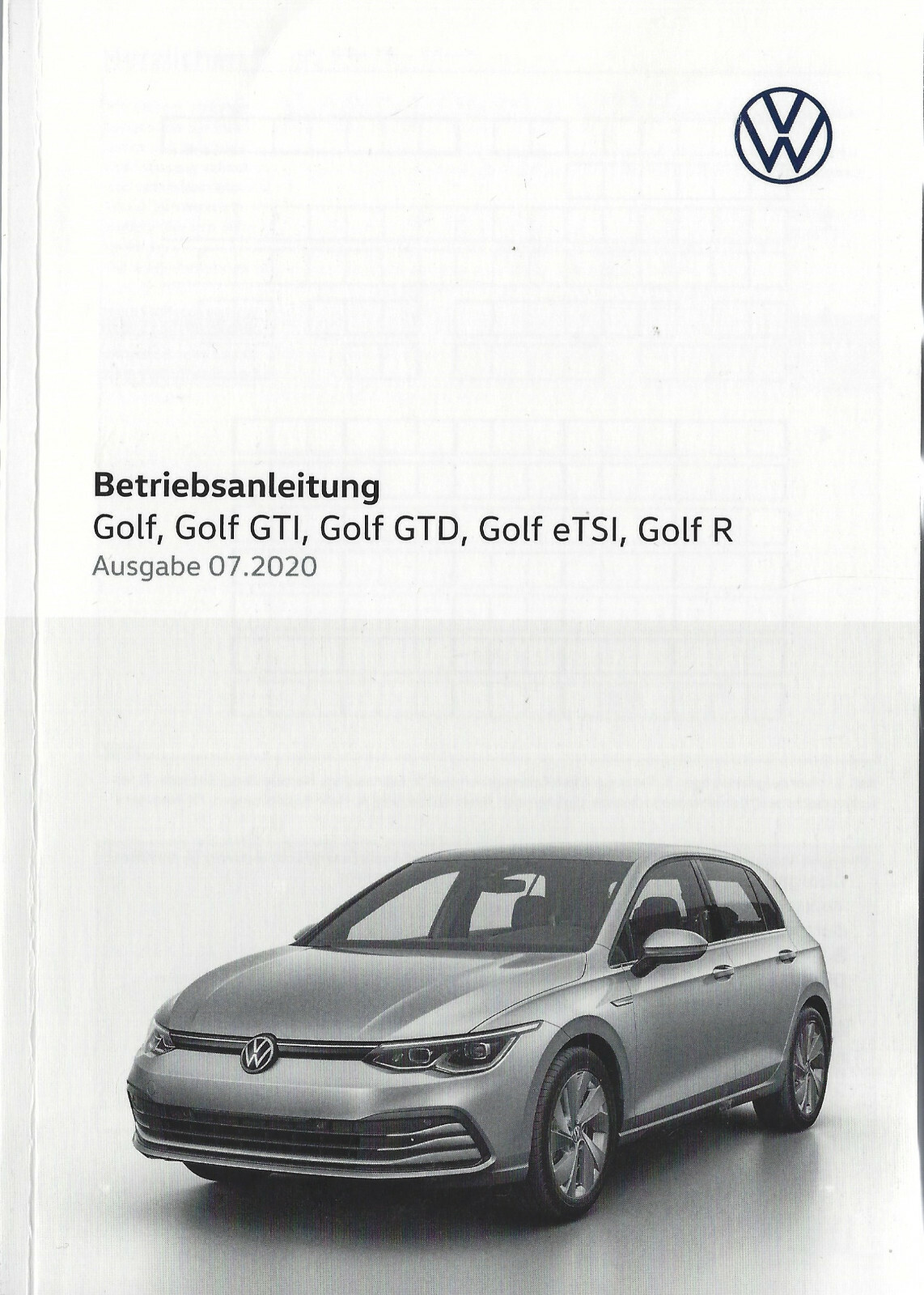 VW GOLF 8 Golf Betriebsanleitung 2020 Bedienungsanleitung Handbuch ...