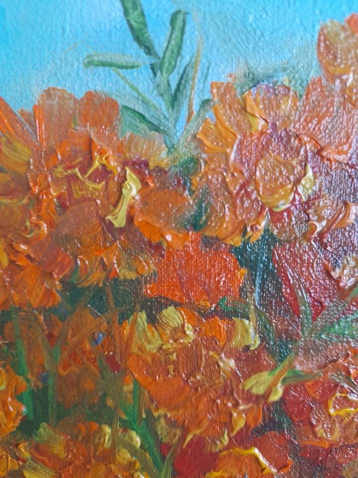marigold original oil painting, bouquet of marigold art, marigold wall ...