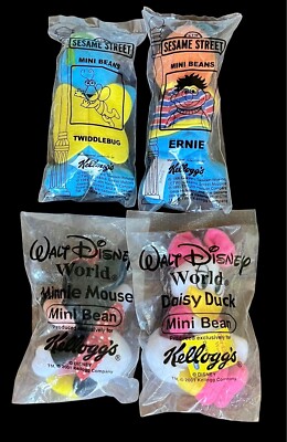 4 KELLOGGS MINI BEANS~ SESAME ST/DISNEY~Ernie/Twiddlebug/Minnie/Daisy ...