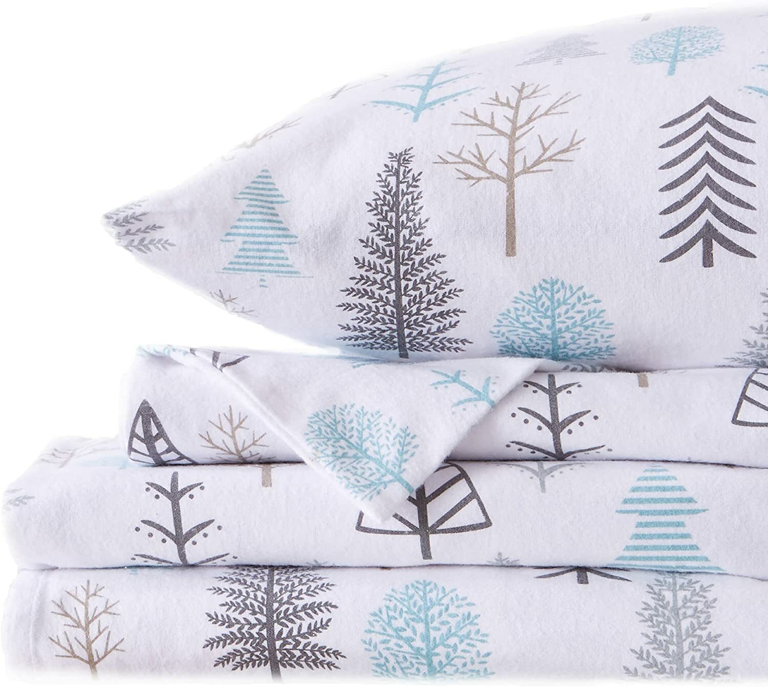 Blue Gray Beige Pine Trees 4pc Cotton Flannel Sheet Set Twin Full Queen ...
