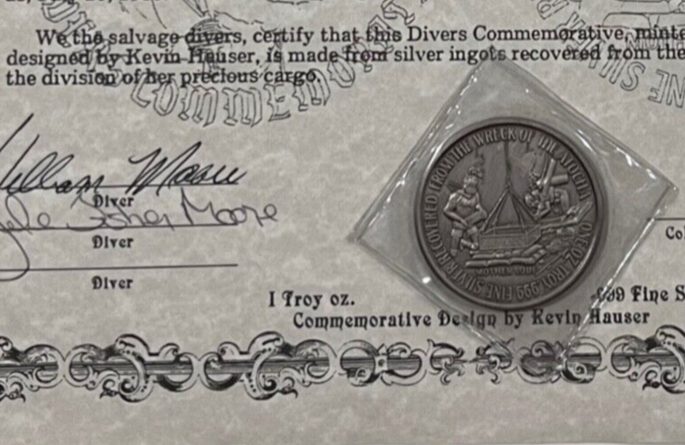 SHIPWRECK ATOCHA 1 OZ .999 DIVERS COMMEMORATIVE COIN FROM RECOVERY ...
