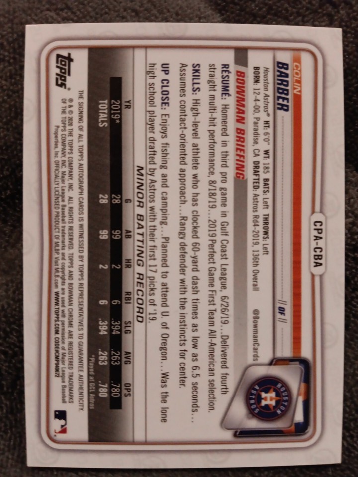 2020 Bowman Chrome Colin Barber MINT+! Auto #CPA-CBA Astros Prospect | eBay