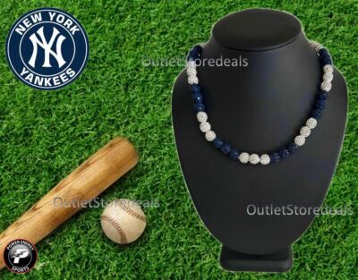 Rhinestone Iced Bling Disco Ball Beaded Baseball Necklace Navy White ...