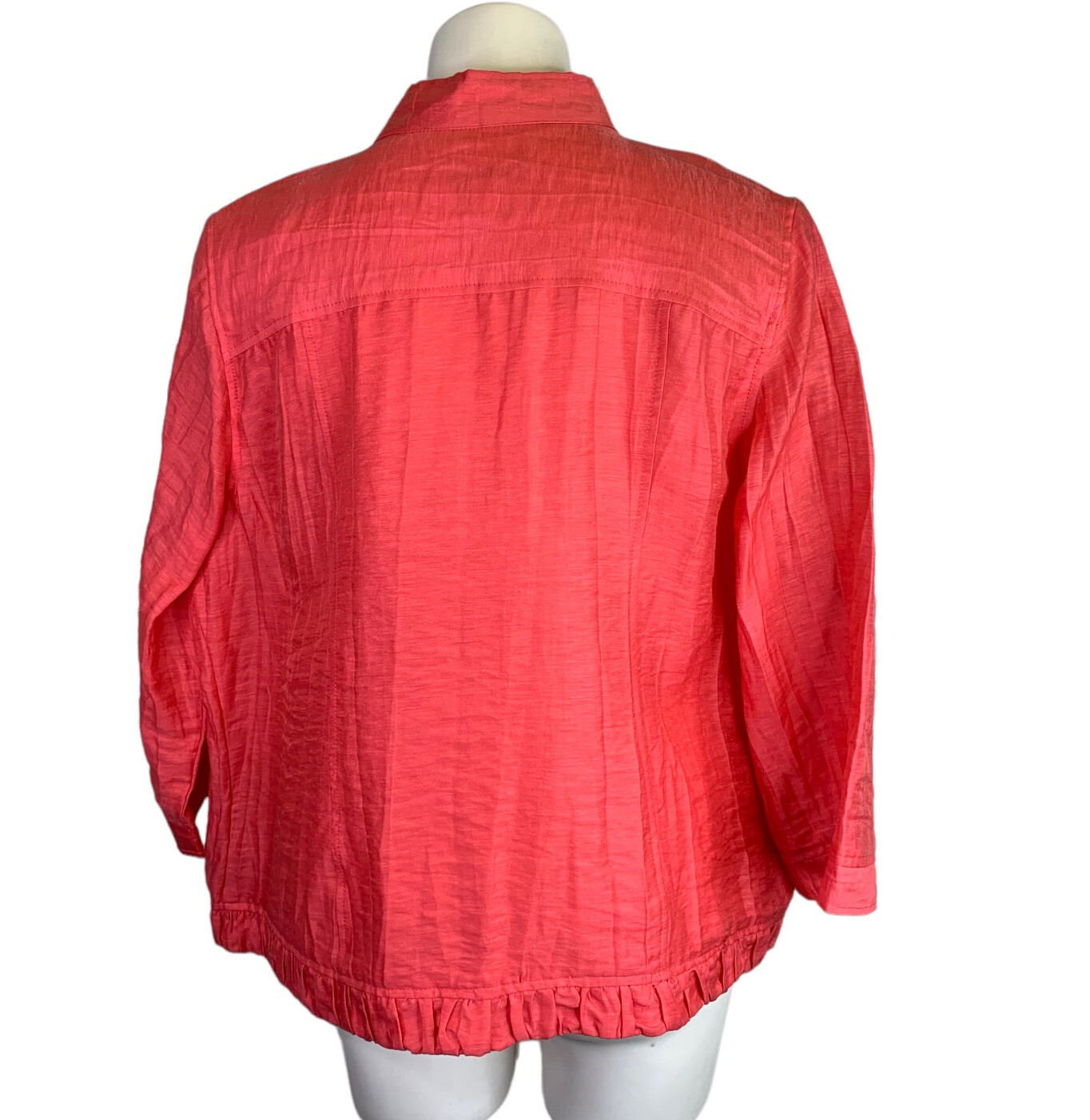 Chico’s Linen Jacket Blazer 2 L Large Coral Ruffle Trim 3/4 Sleeves ...